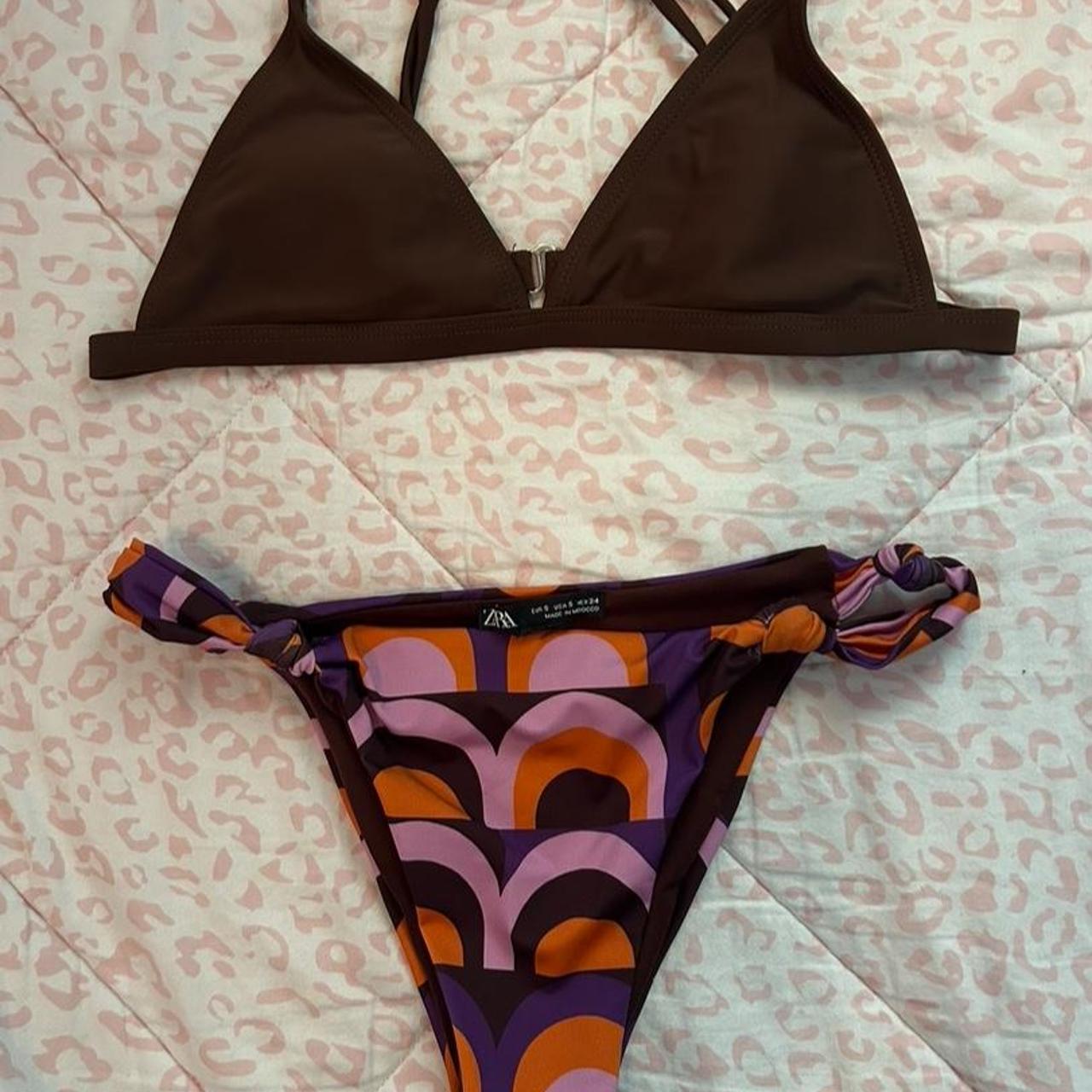 ZARA Brown bathing suit bikini set with cool print... | Depop