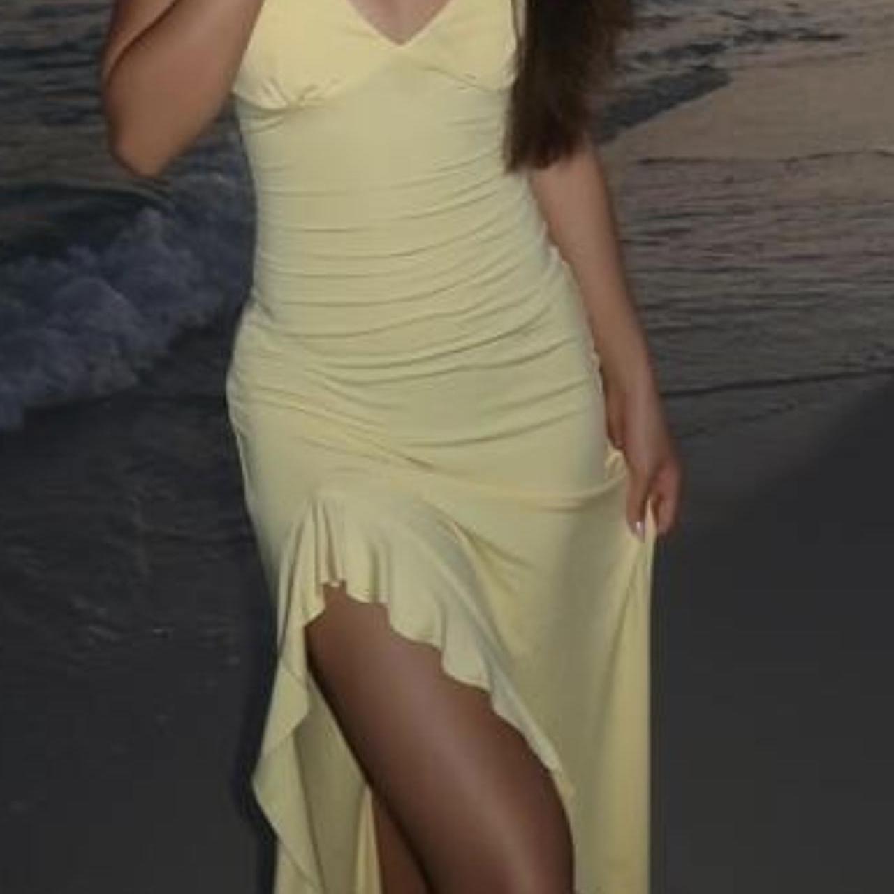 Yellow maxi dress with ruffle detailing and flowy... | Depop