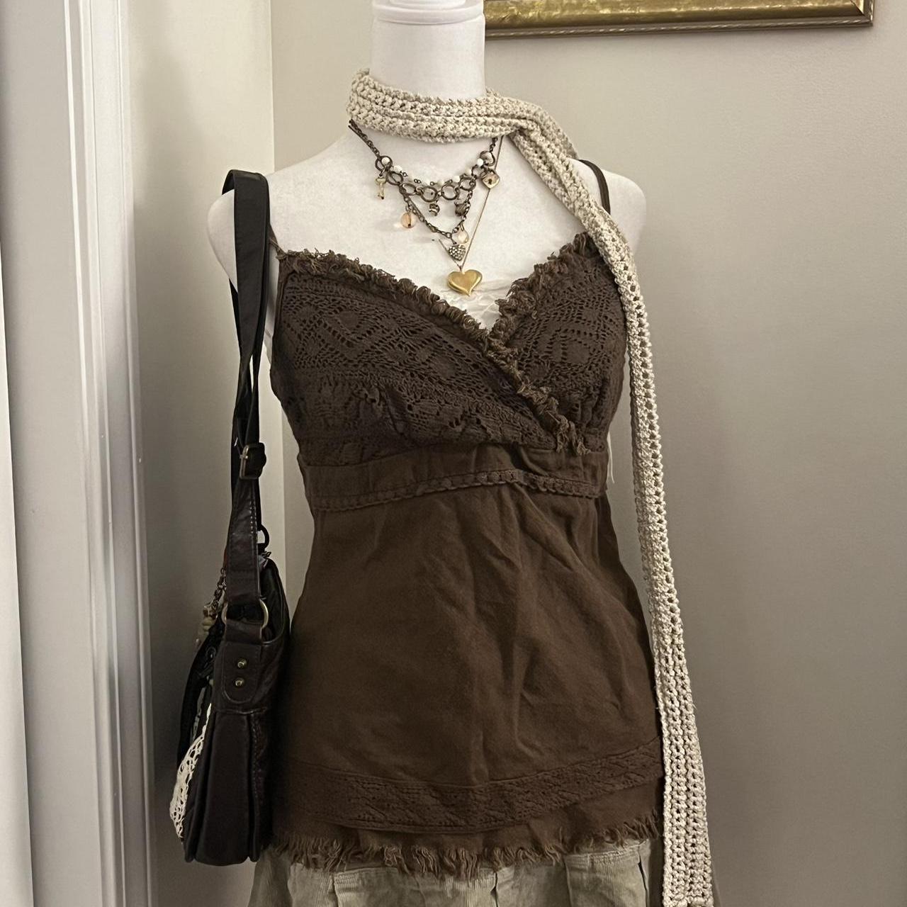 Vintage brown linen wrapped tank top! Frayed design... | Depop