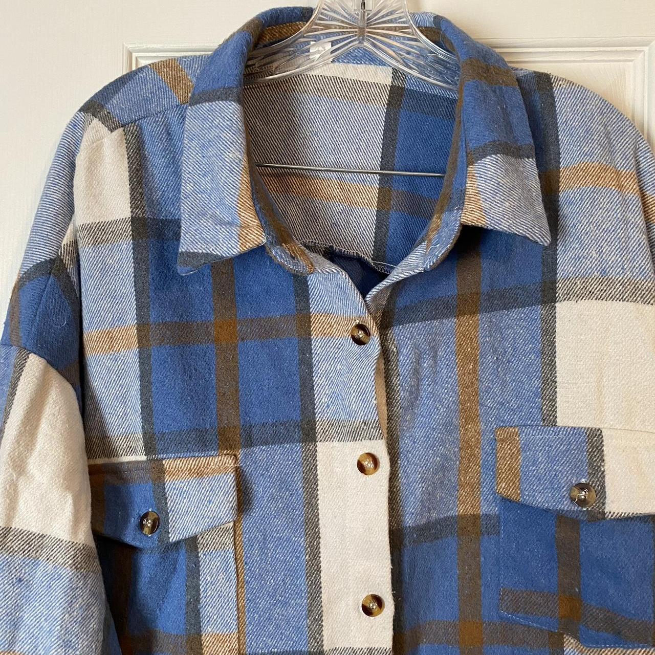 Blue, white, & tan women's flannel Size 3XL - Depop