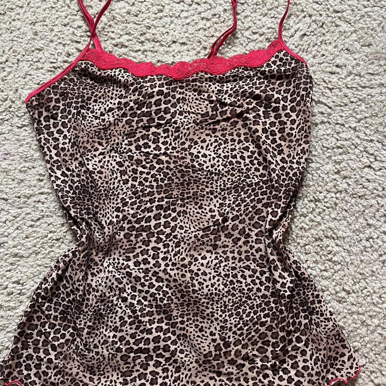 Leopard print cami top with red lacy detail and... | Depop