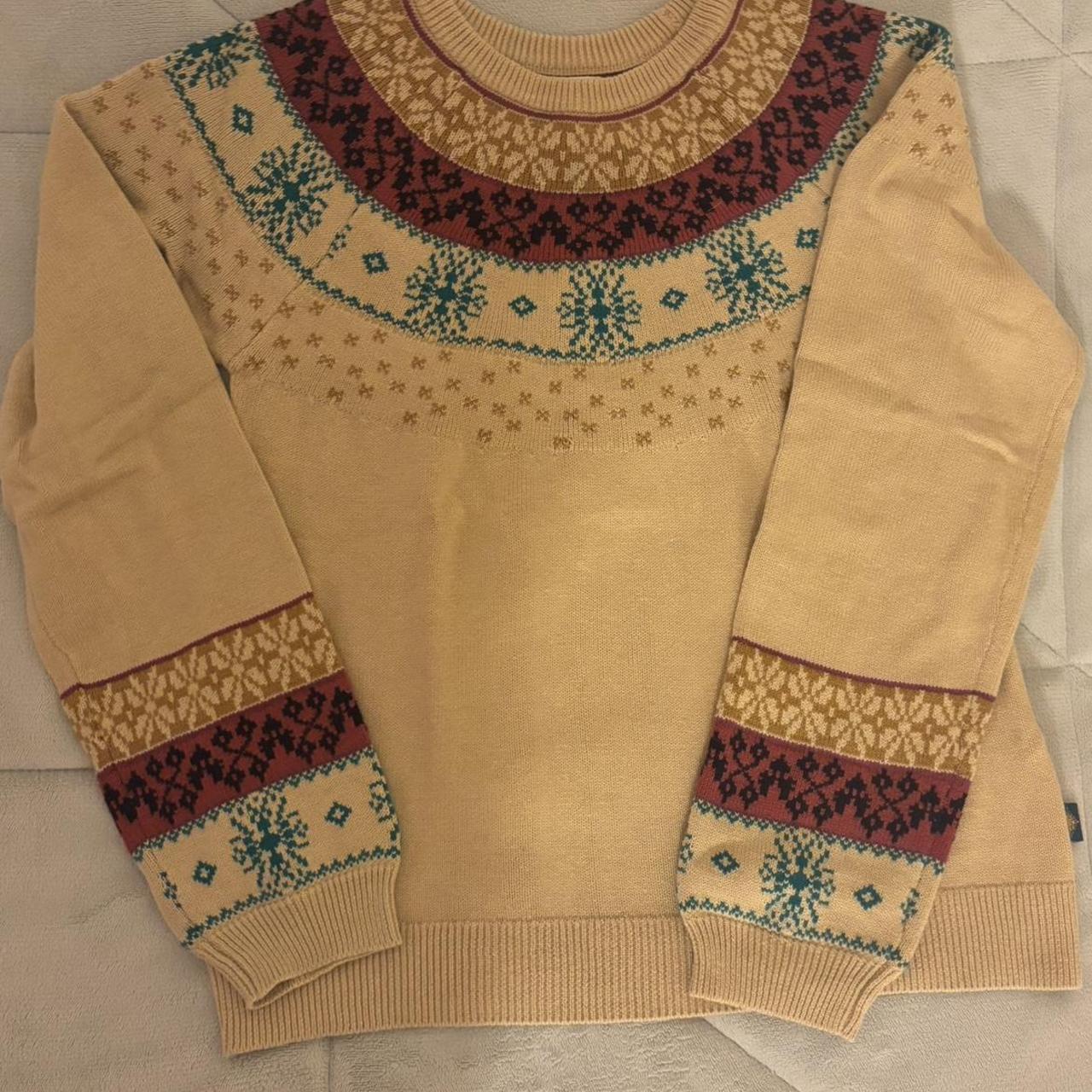 Beige and multicolor knit sweater with winter... | Depop