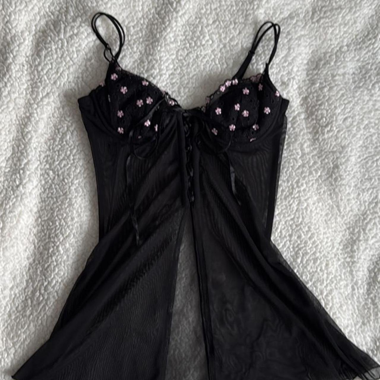 Black sheer mesh babydoll dress with pink floral... | Depop