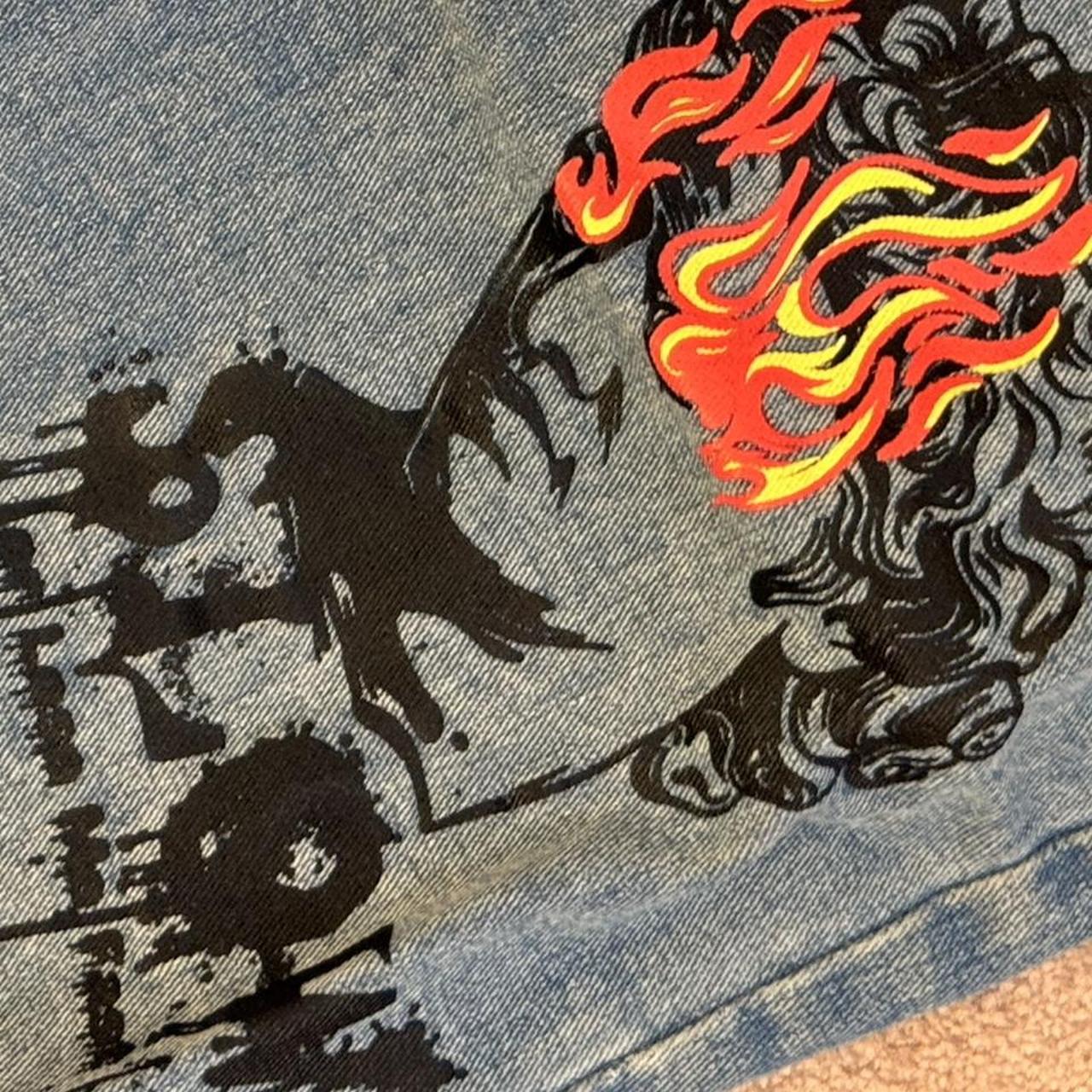 Blue denim & flame design SHEIN straight distressed ... | Depop