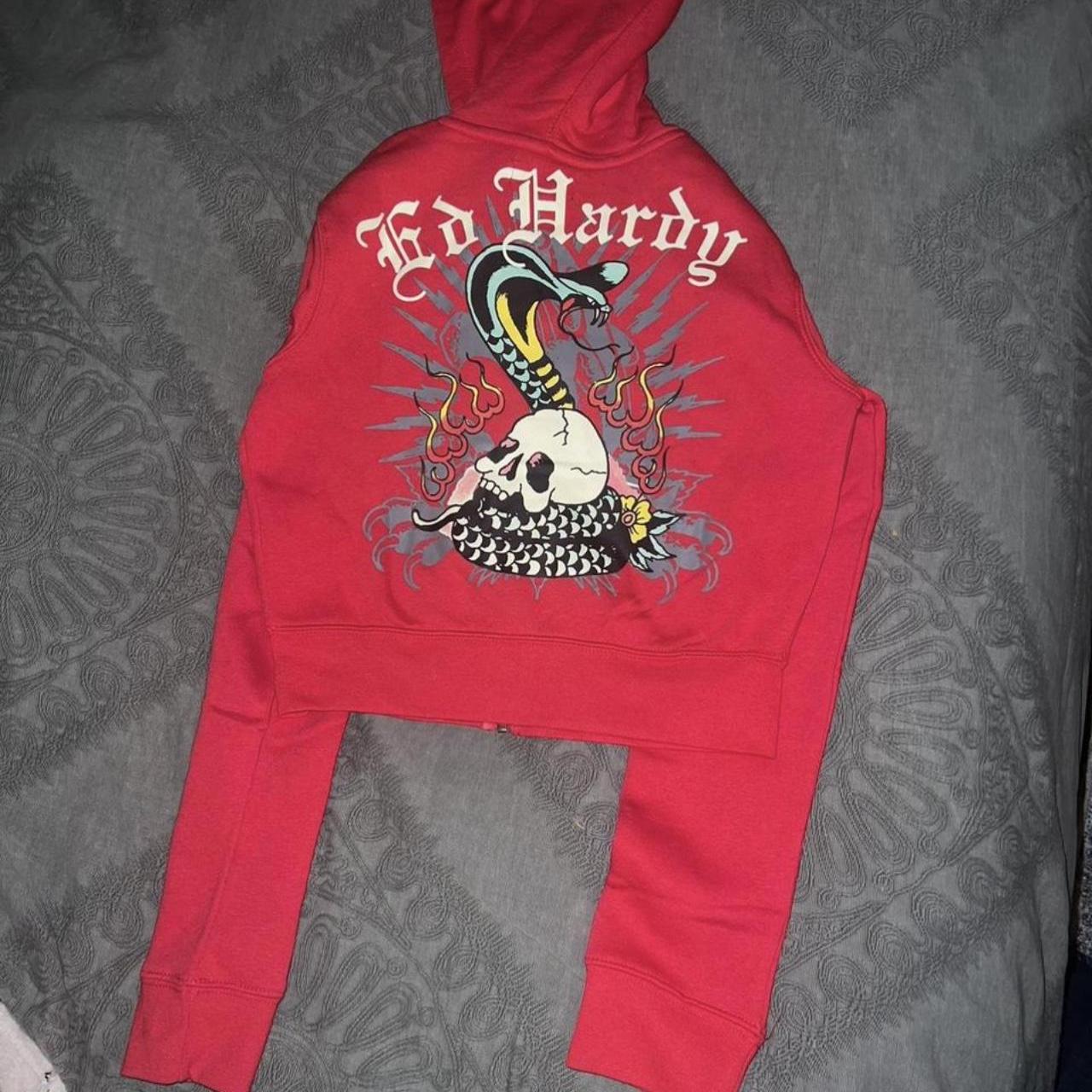 Red Ed Hardy cropped hoodie with skull and snake... | Depop