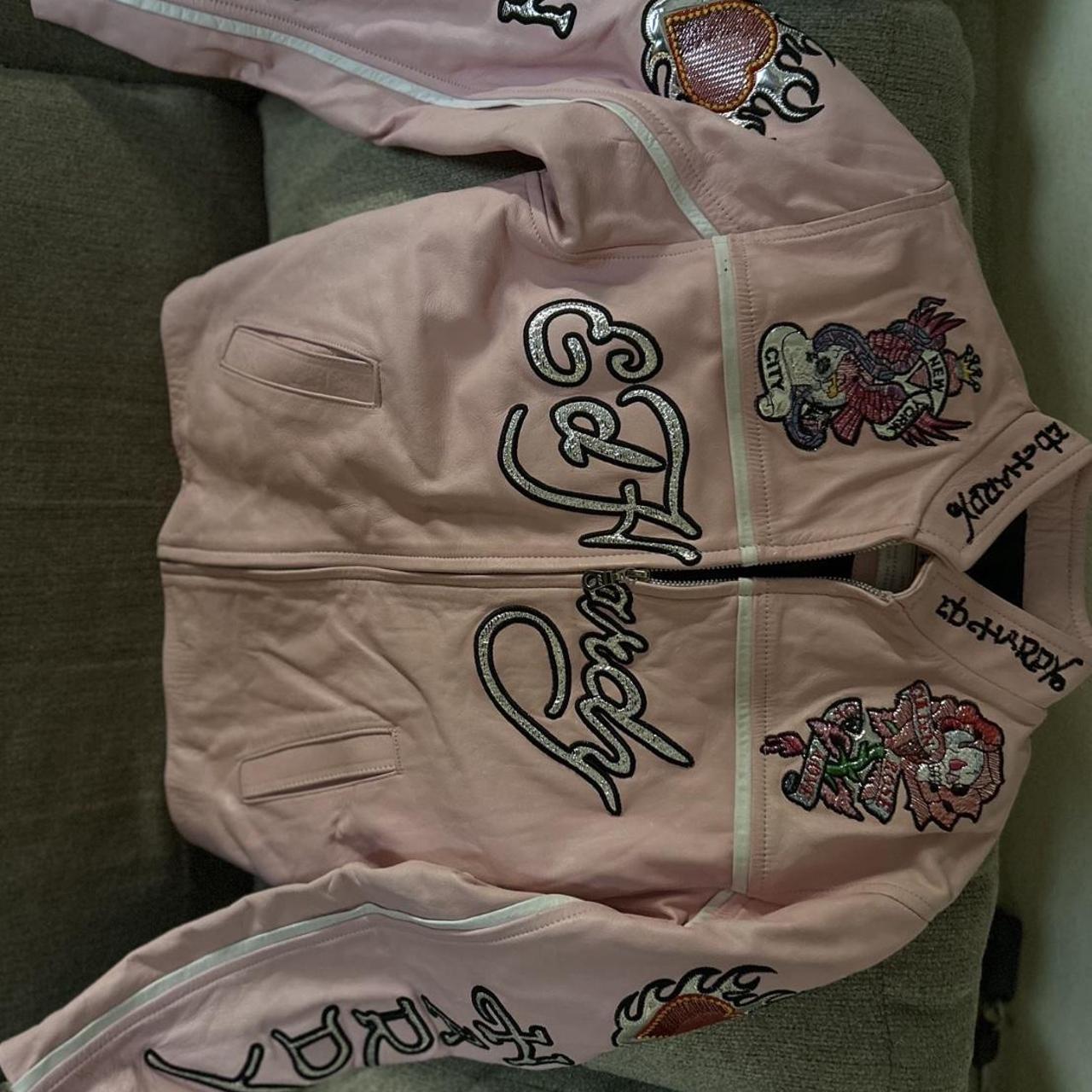 Beautiful pink Ed Hardy women’s leather jacket size... - Depop