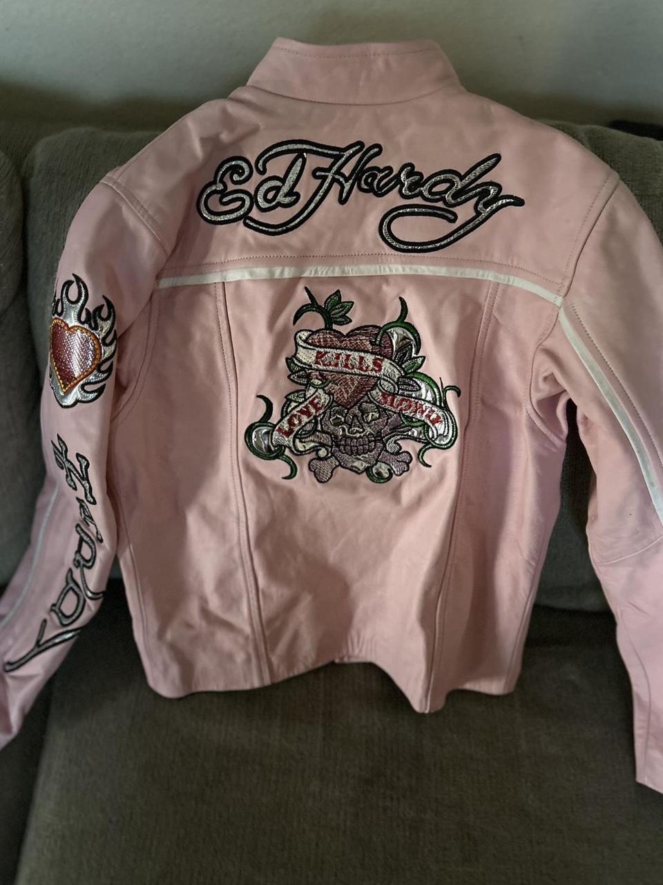 Beautiful pink Ed Hardy women’s leather jacket size... - Depop