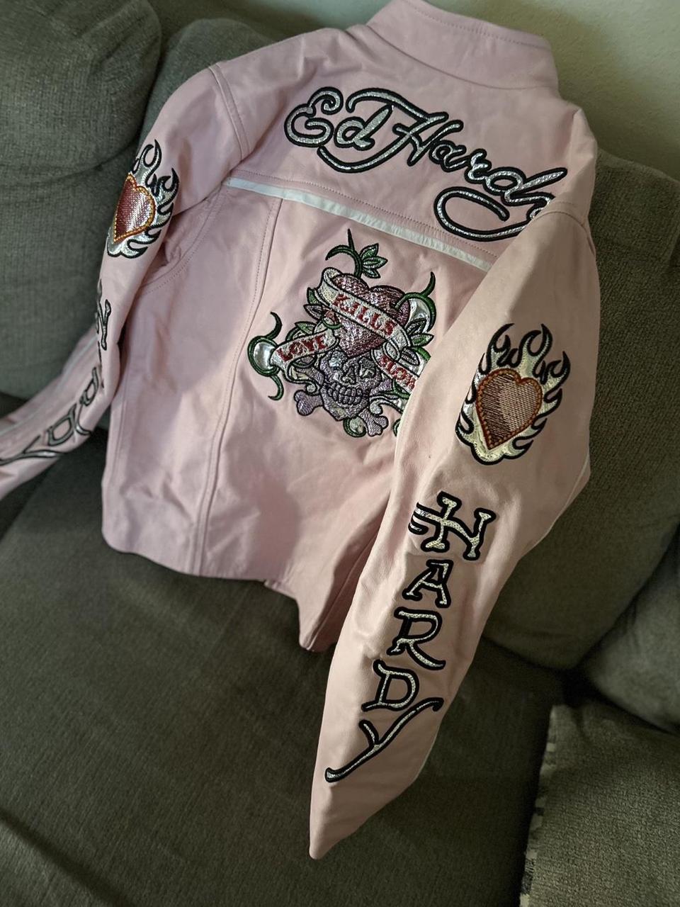 Beautiful pink Ed Hardy women’s leather jacket size... - Depop