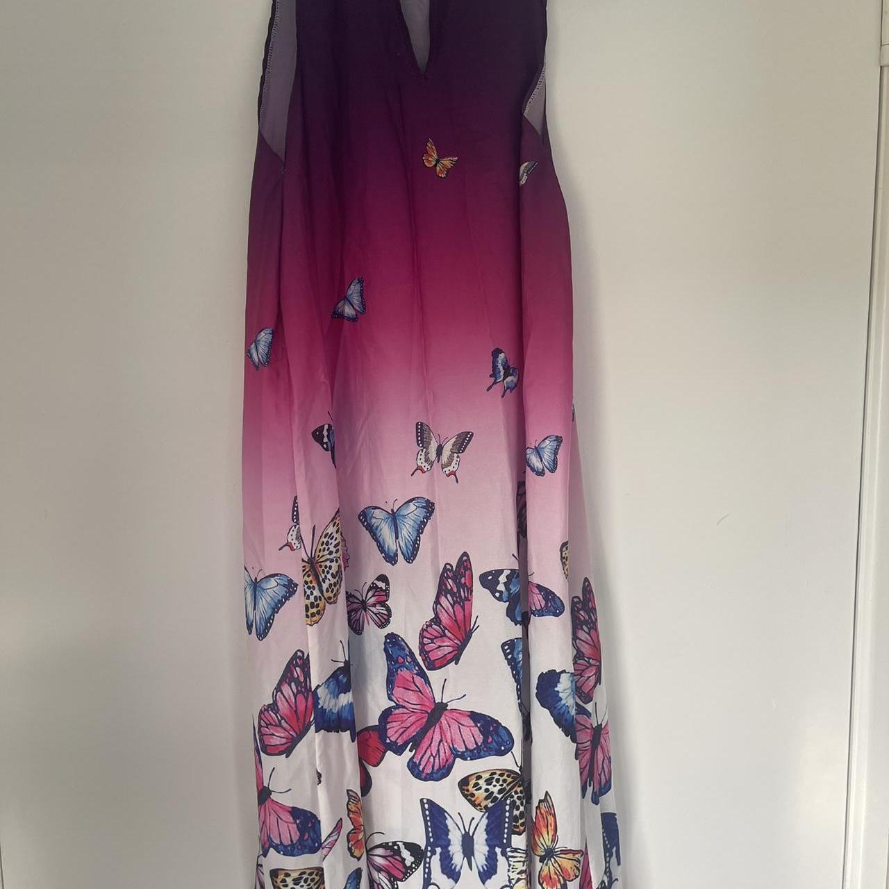 Multi-coloured maxi dress with butterfly print... | Depop