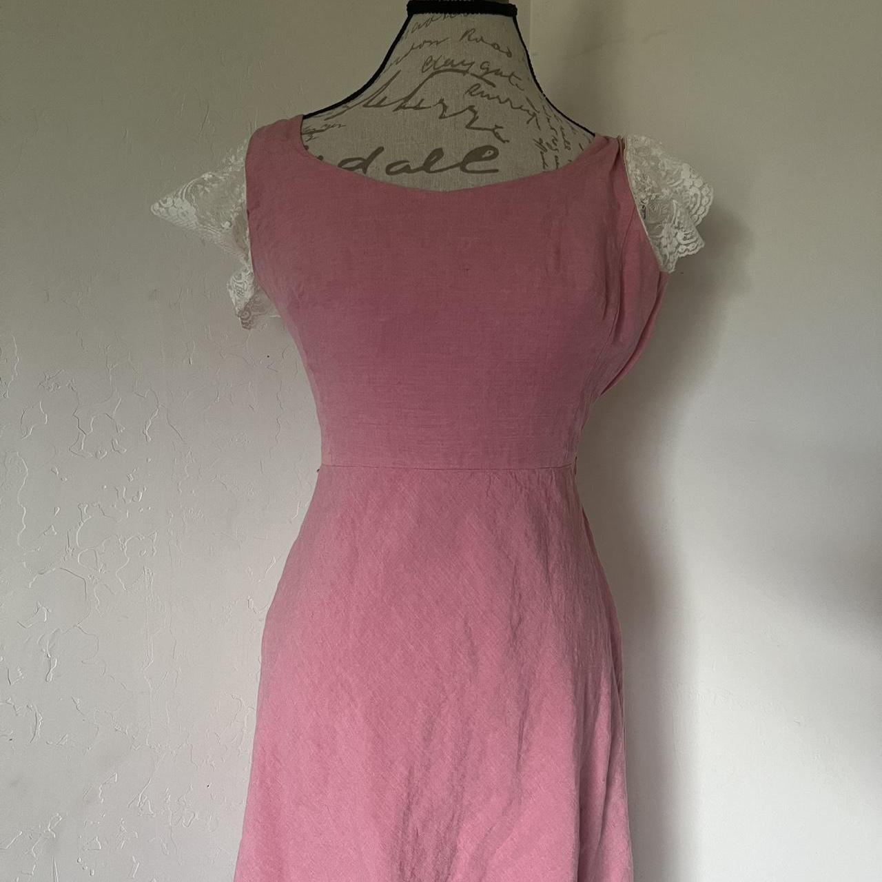 Pink linen dress wide scoop neckline with white lace... | Depop