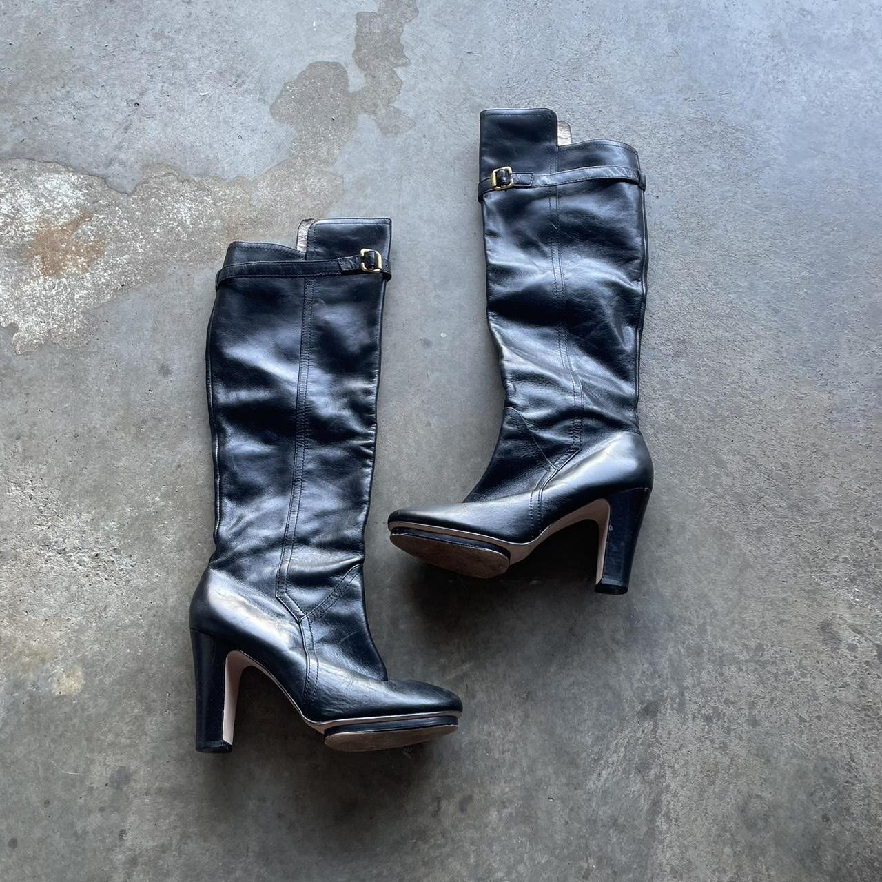 RMK Black leather knee-high boots, featuring a heel... | Depop