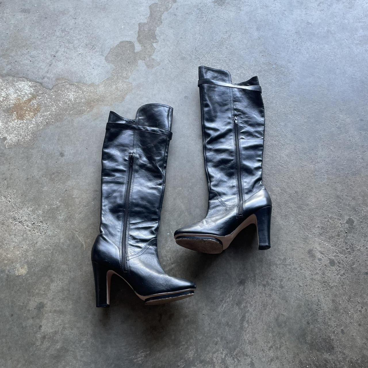 RMK Black leather knee-high boots, featuring a heel... | Depop