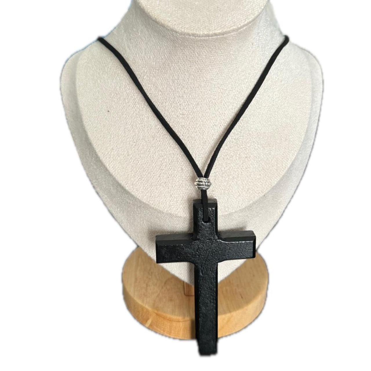 Black wooden cross pedant on velvet rope necklace. - Depop