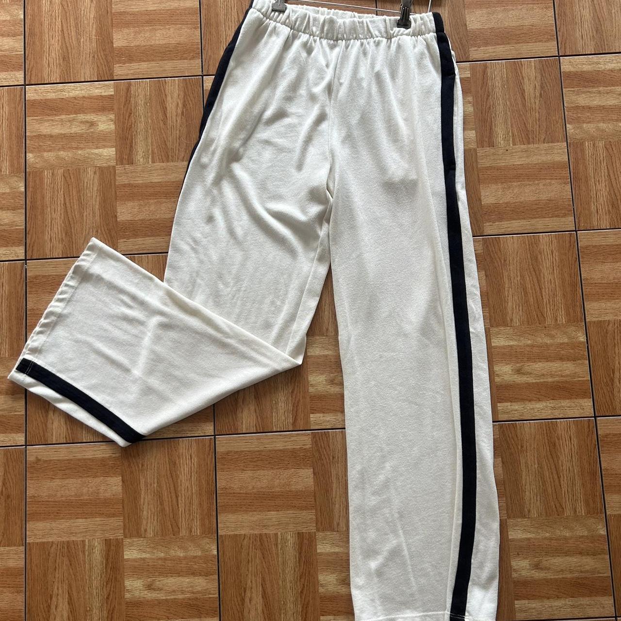 White brandy wide leg sweats with navy strip - Depop
