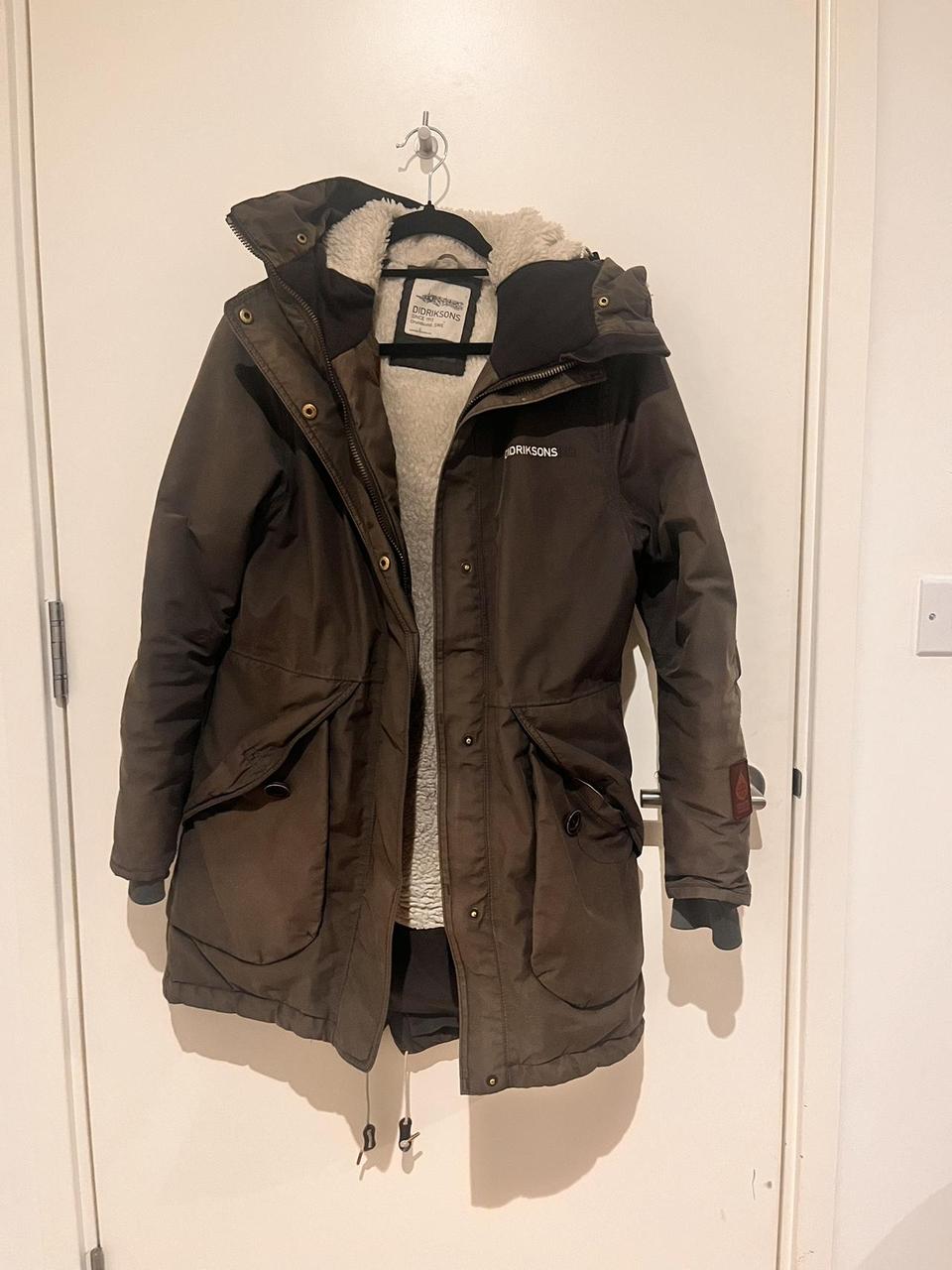 Didriksons winter jacket in khaki and cream with fur... - Depop