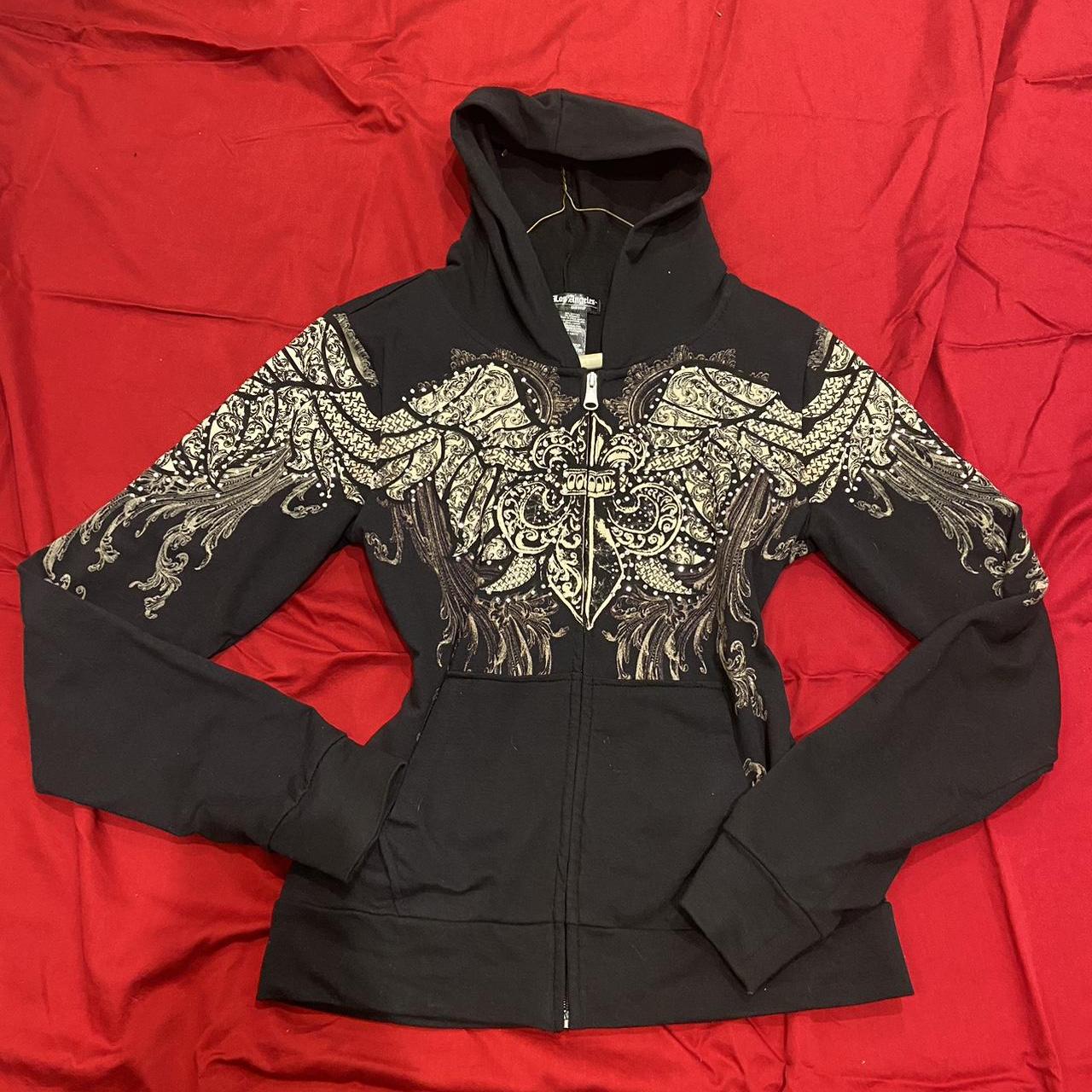 y2k zip up hoodie size small black and white... - Depop