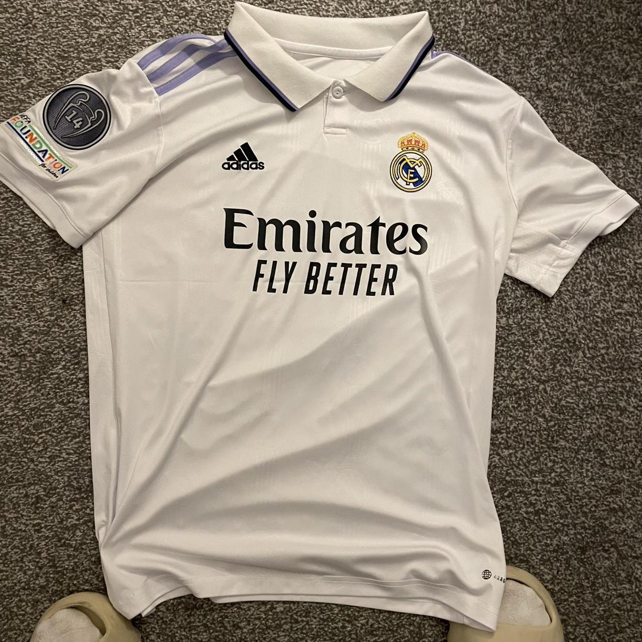 White and blue Adidas Real Madrid 2022/23 home shirt... | Depop