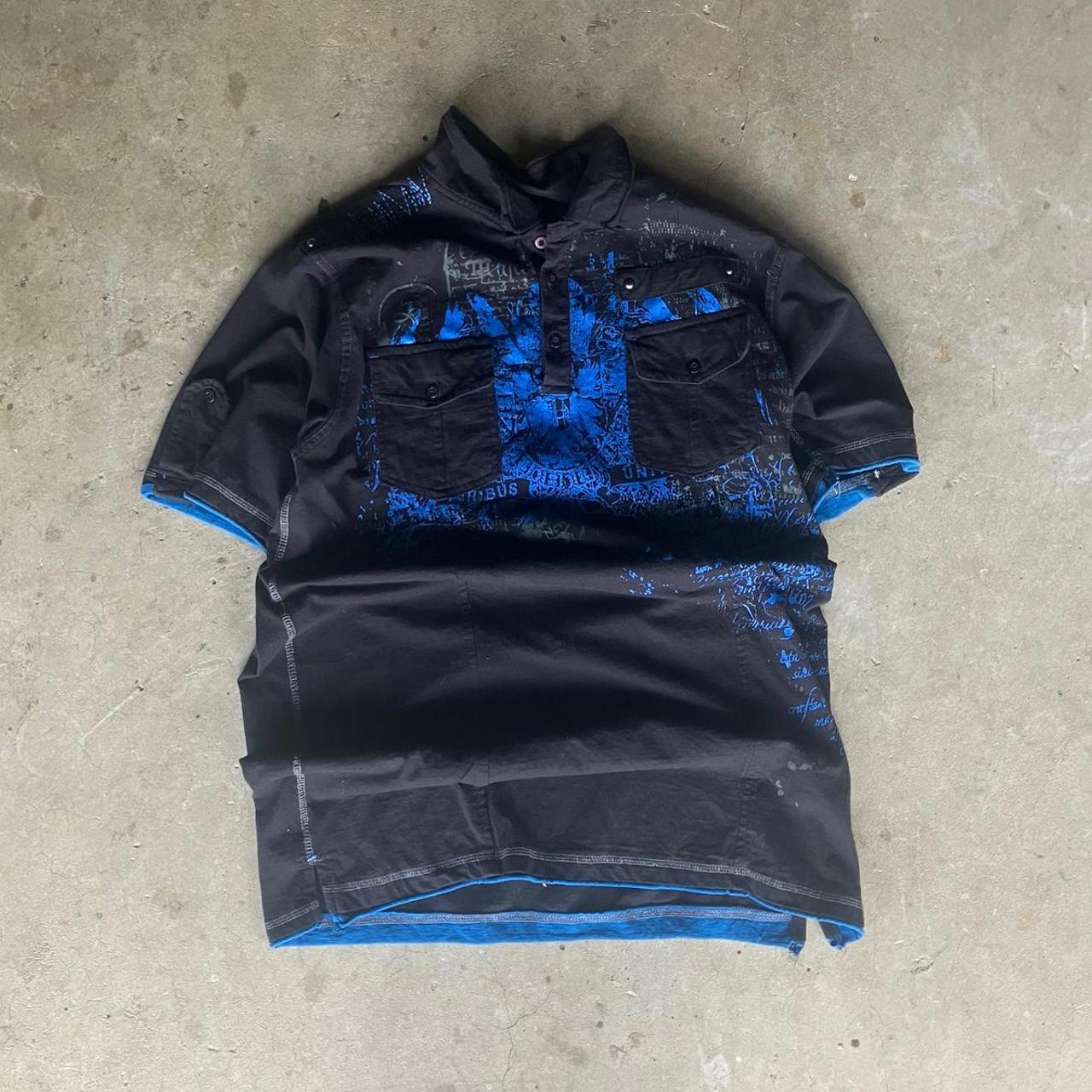Y2K demon blue and black button polo shirt Size 📐... | Depop