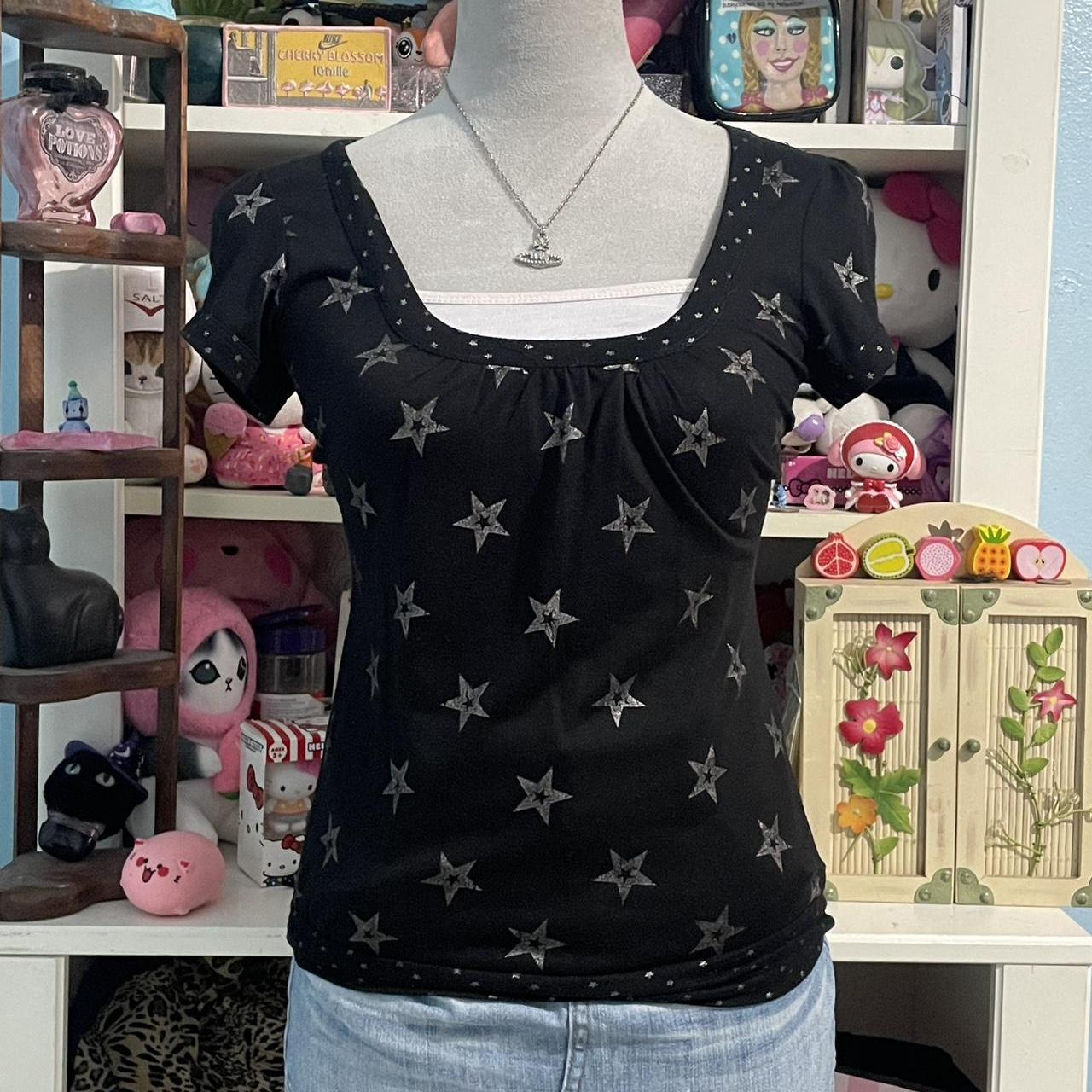 Black and silver star print top with cute bow detail... | Depop