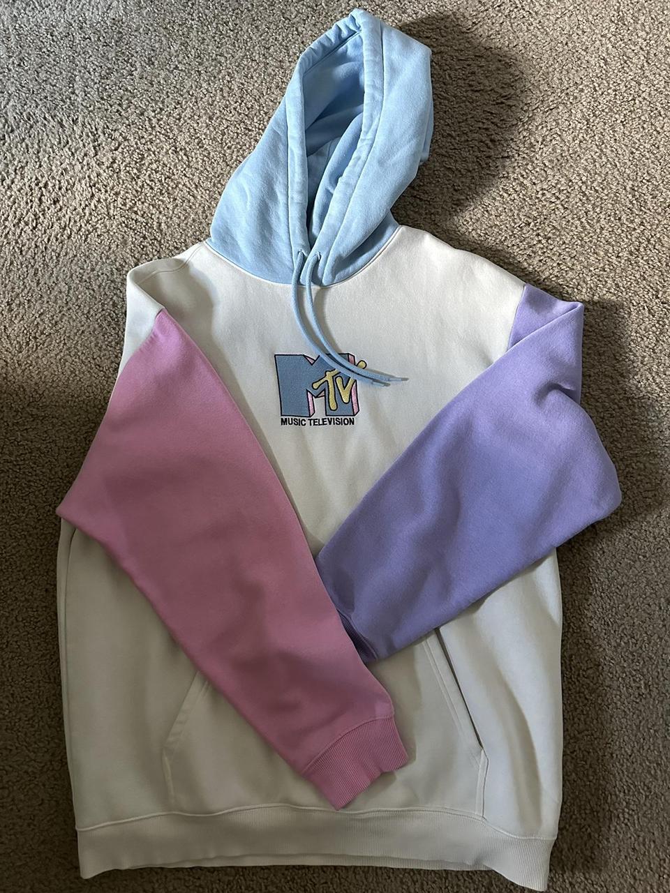 MTV hoodie in the colors pink, blue, and purple. - Depop