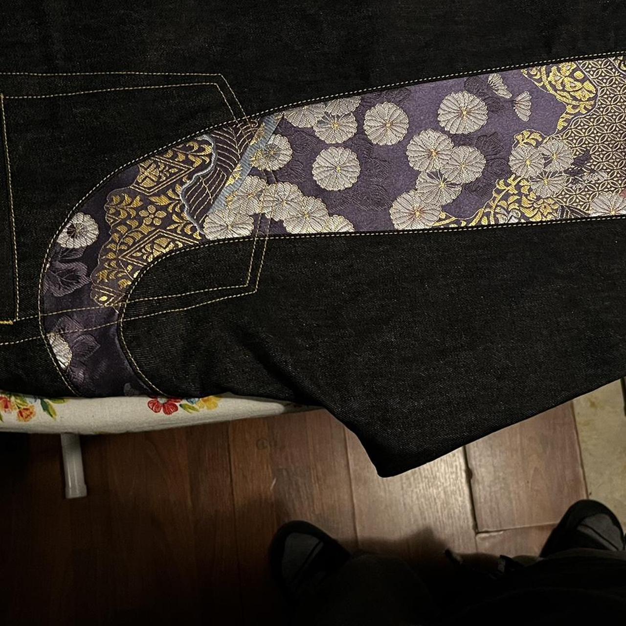 Rare evisu jeans. Gold and blue flower embroidered.... - Depop