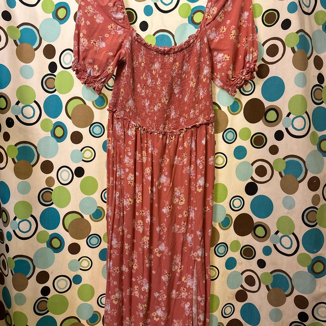 Pink florals knee-length dress. Has a slit.... | Depop