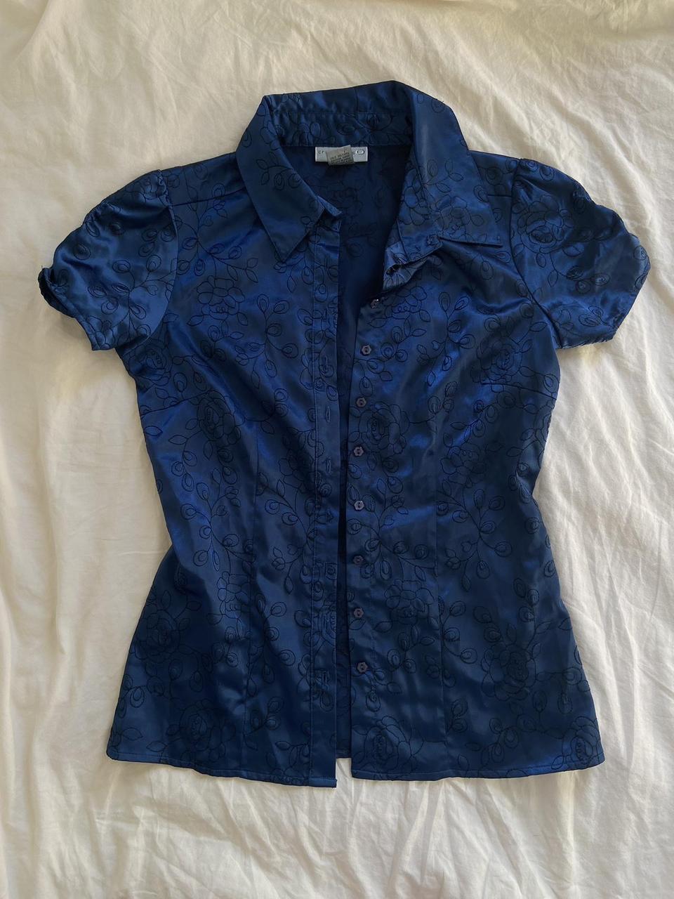 Blue satin button-up blouse with floral embroidery... - Depop