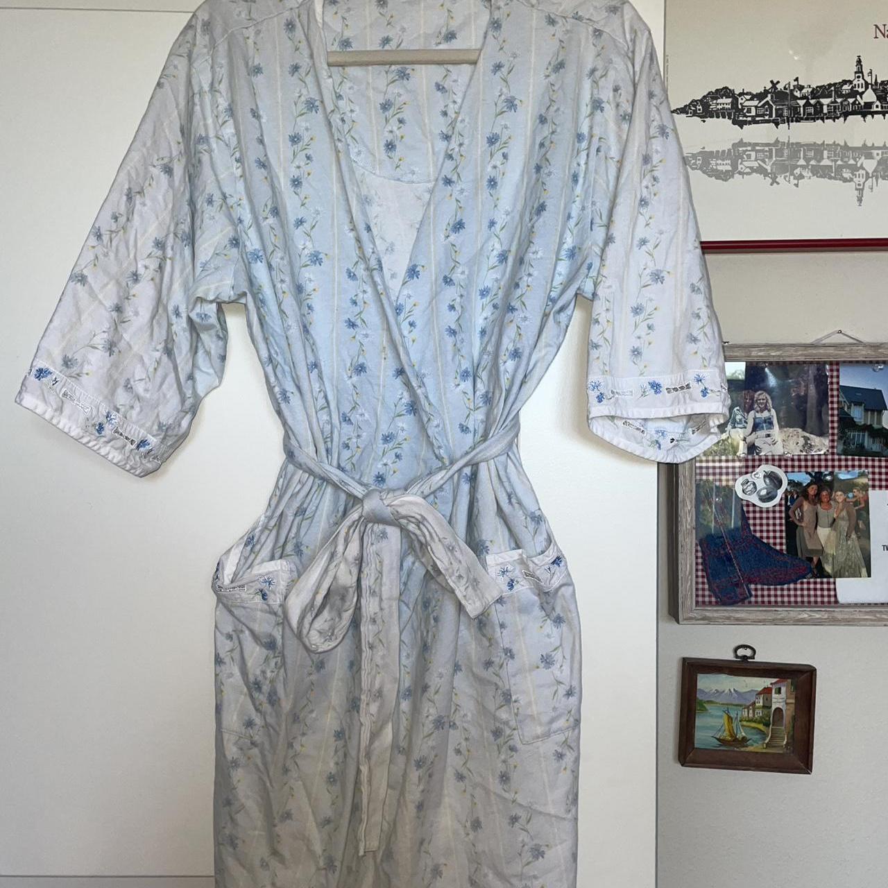 1960s Blue and white floral robe with pockets, tie... | Depop
