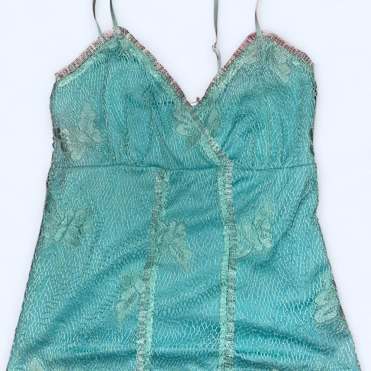 2000s turquoise blue cami top with lace trim and... | Depop