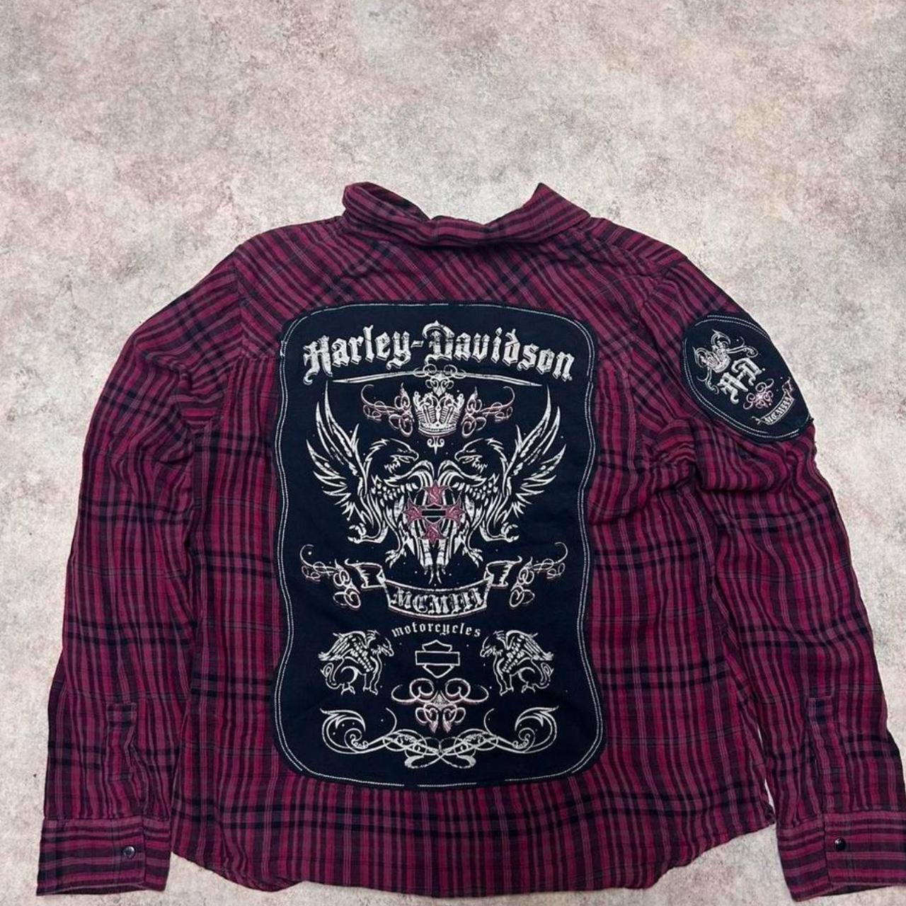Burgundy and black Harley Davidson flannel with... | Depop
