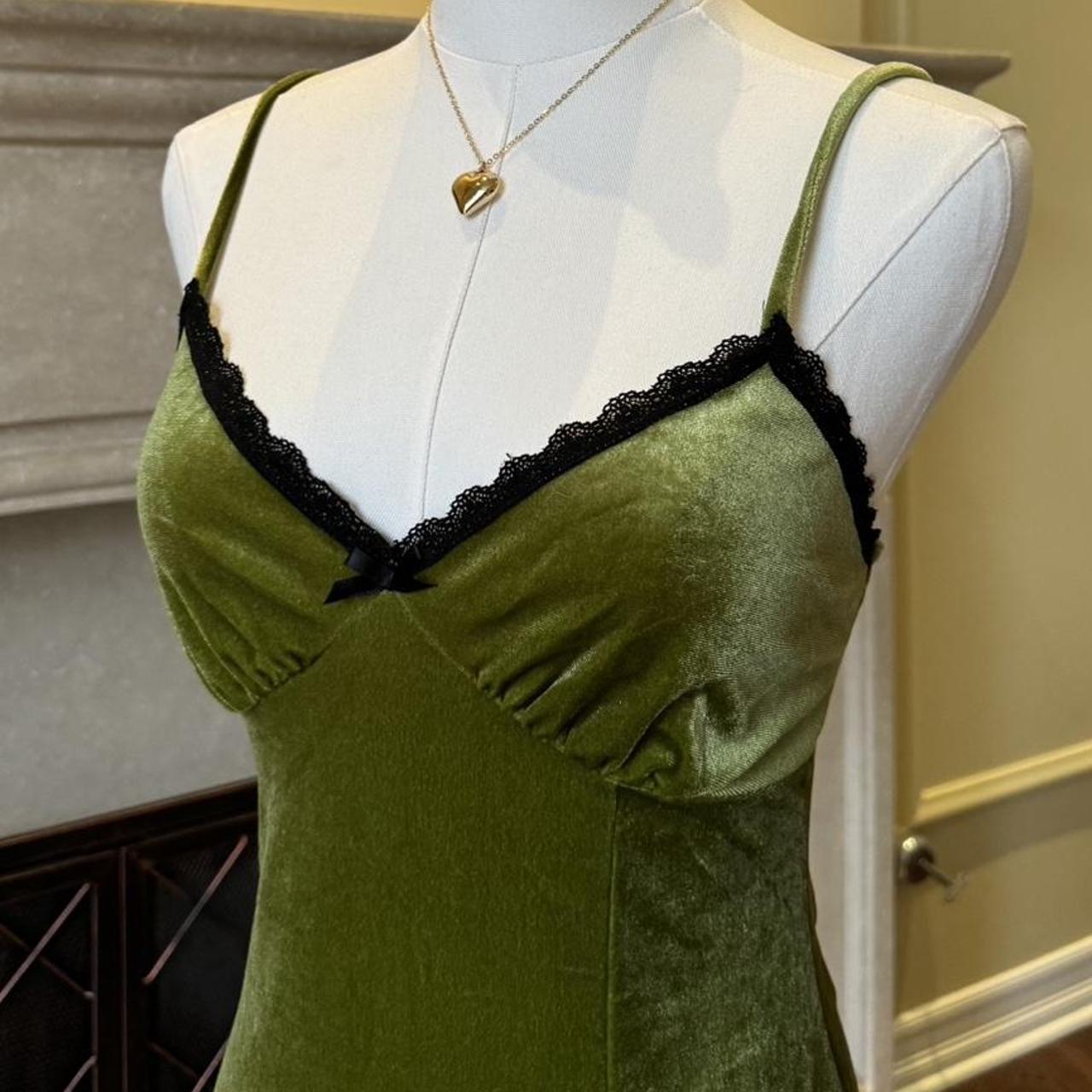 Green velvet slip dress with black lace... | Depop
