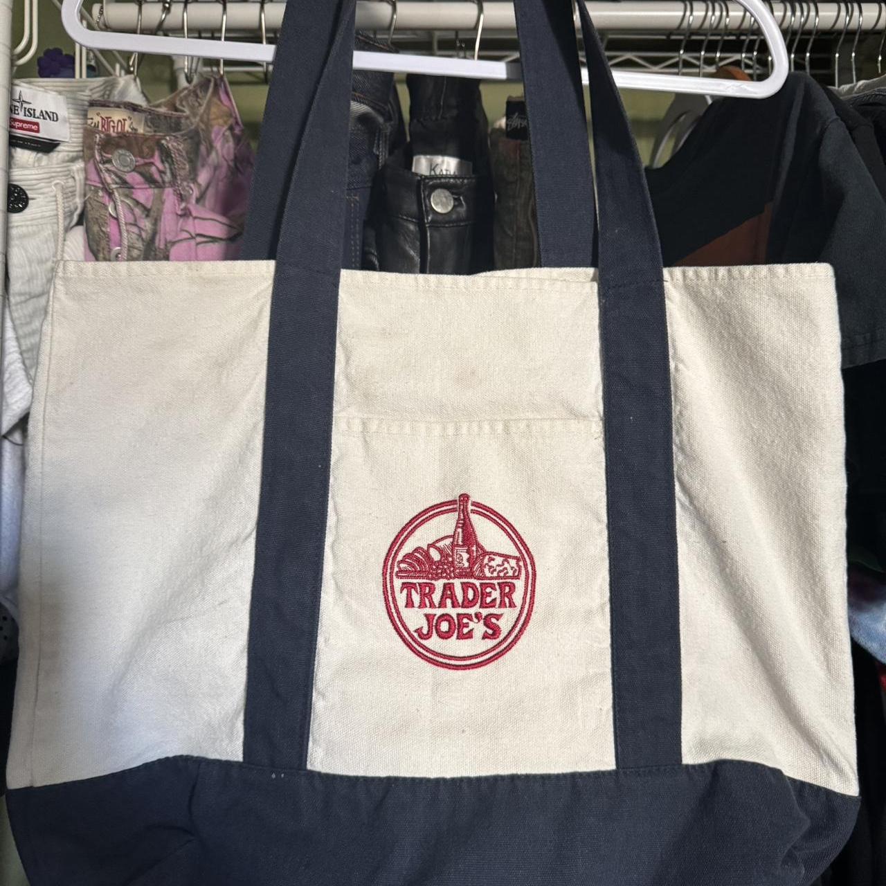 Trader Joe's white and navy tote bag, minor scuffs... | Depop