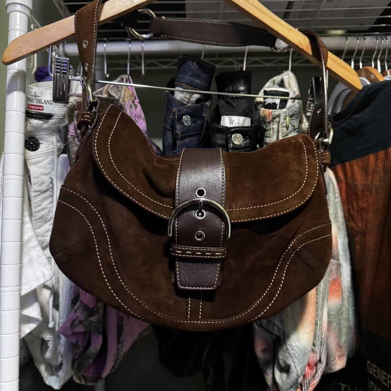 Brown suede coach shoulder bag, visible water damage... | Depop