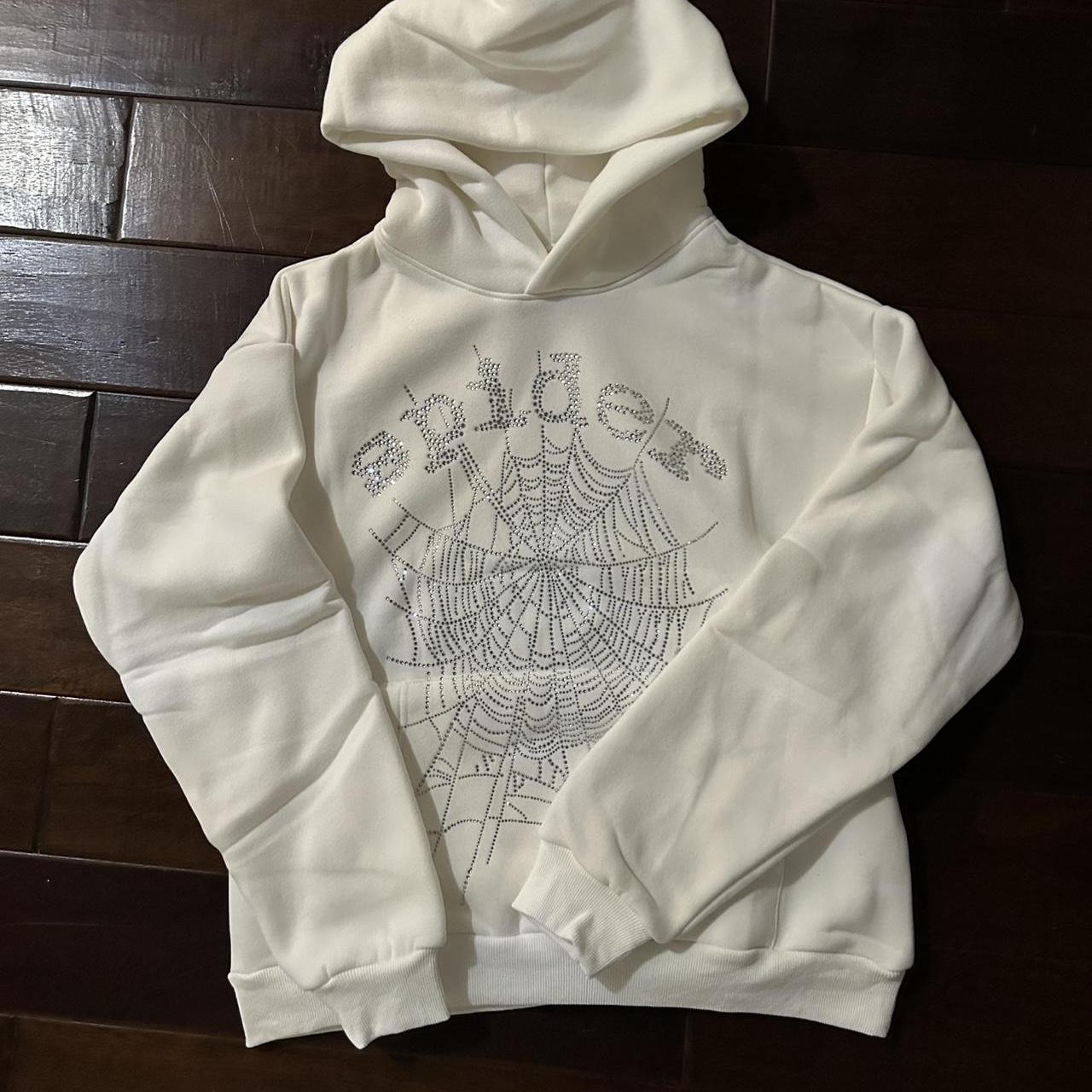 Sp5der White Rhinestone Web Hoodie Ships quick... - Depop
