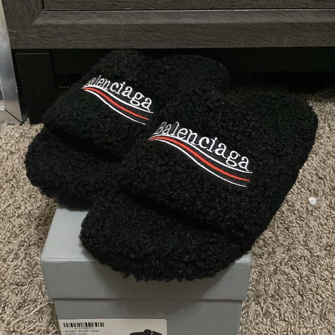 Balenciaga slides, black fluffy/furry slides. RARE... | Depop