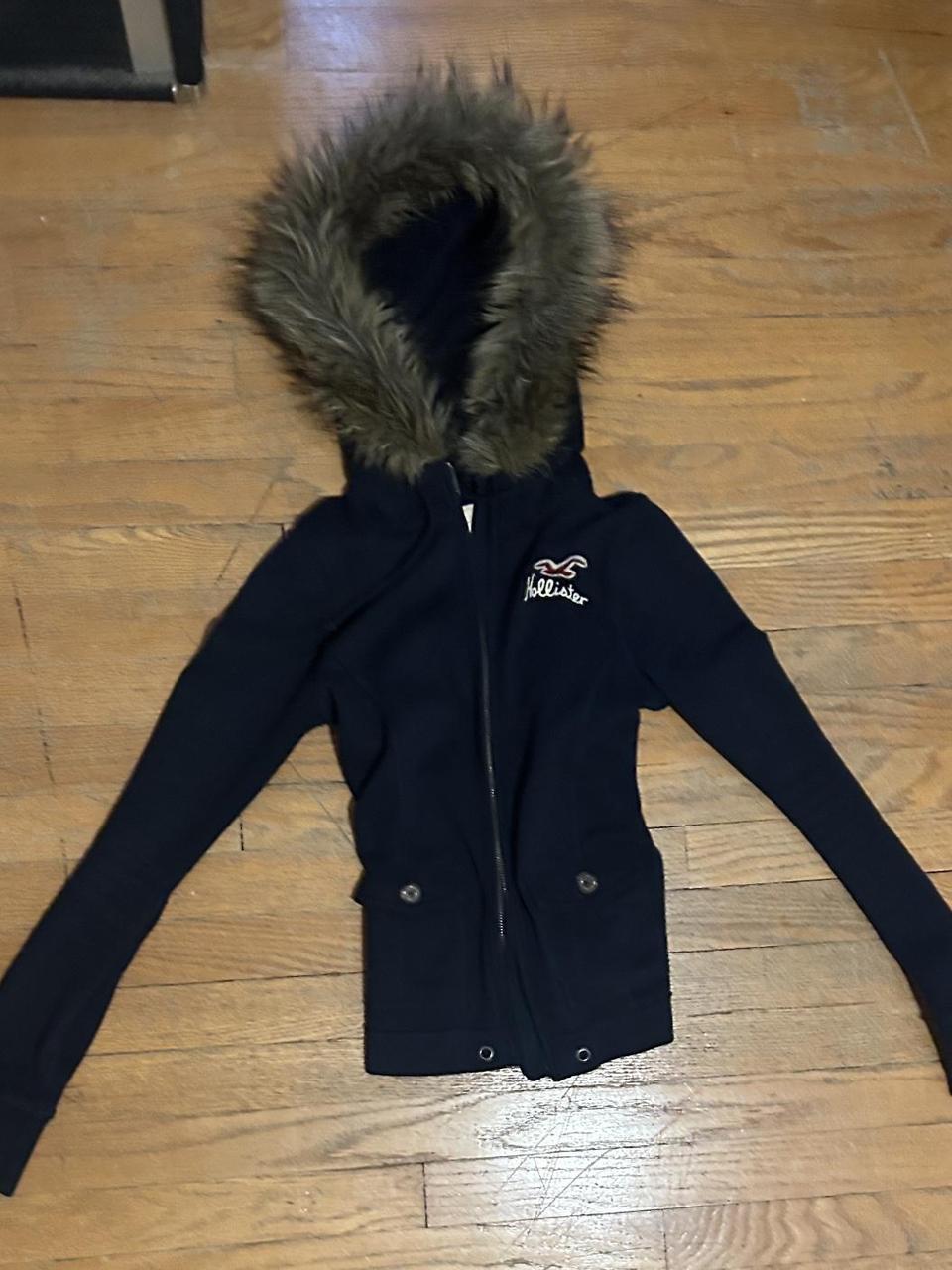 Hollister navy blue Fur hood parka zip-up... - Depop