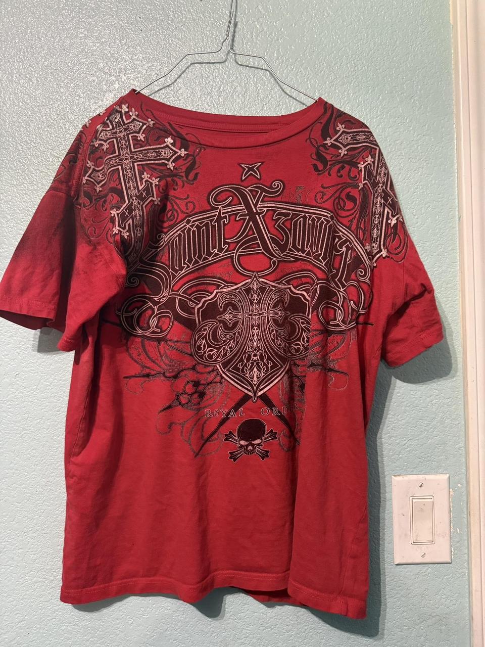 Red Affliction style shirt with skulls and crosses... - Depop