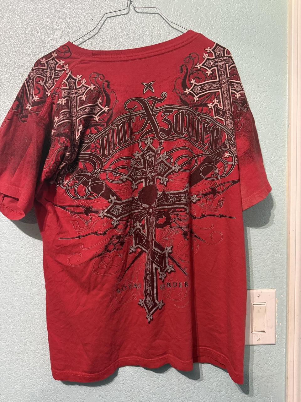 Red Affliction style shirt with skulls and crosses... - Depop