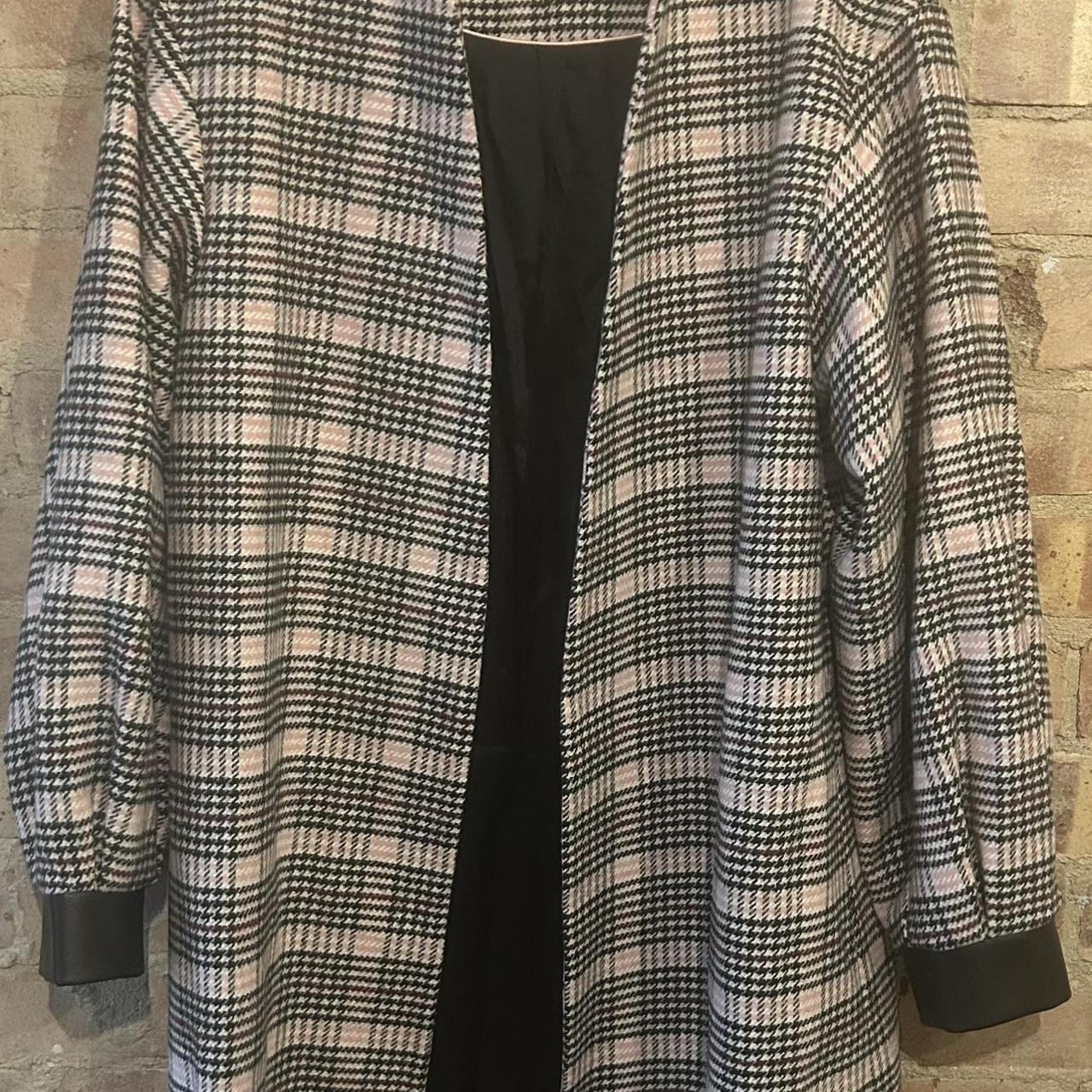 Helene Berman London black & pink plaid open coat... | Depop