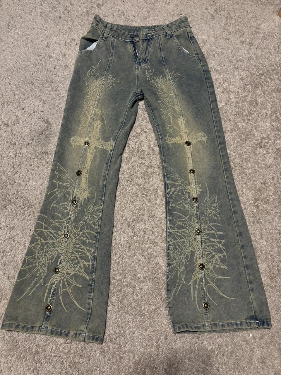 Grey and white flared jeans pls message before buy ... - Depop