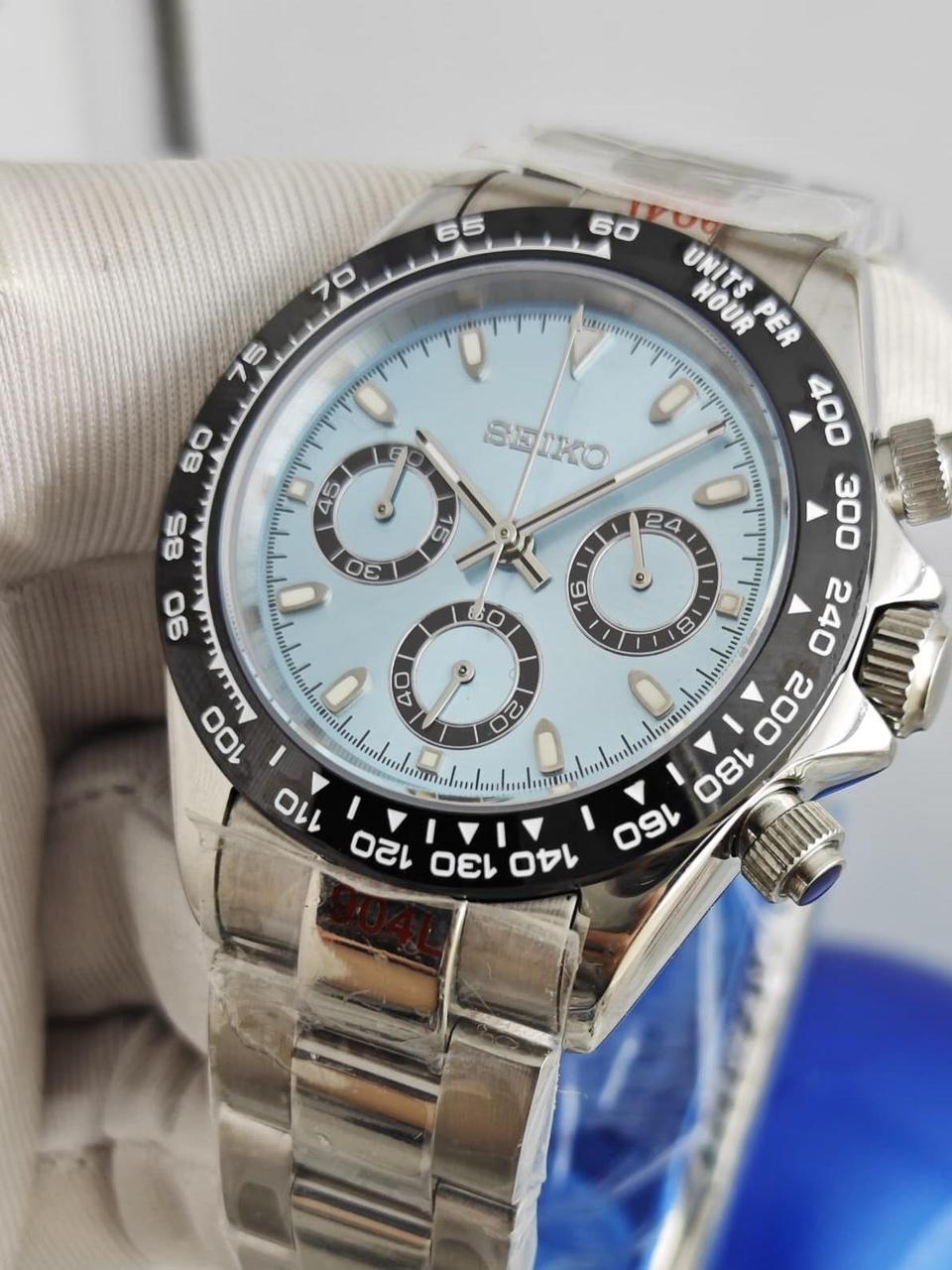 -Seiko MOD Chronograph ICE BLUE WITH BLACK BEZEL -... - Depop