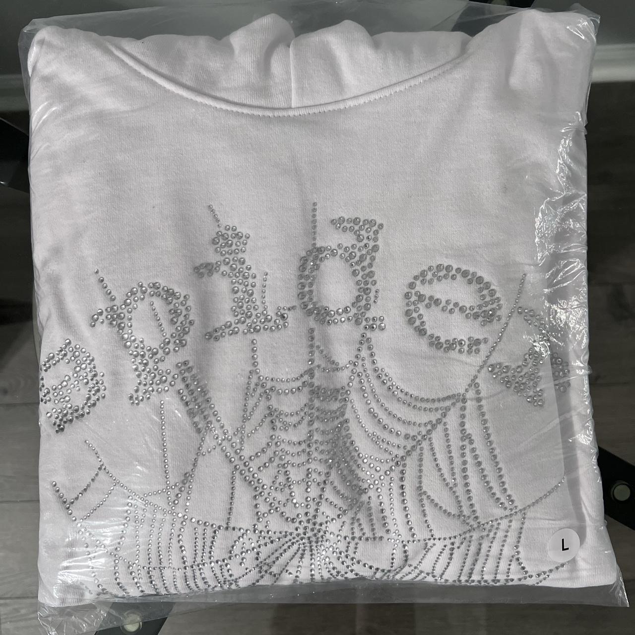 Brand new white rhinestone sp5der hoodie - Depop