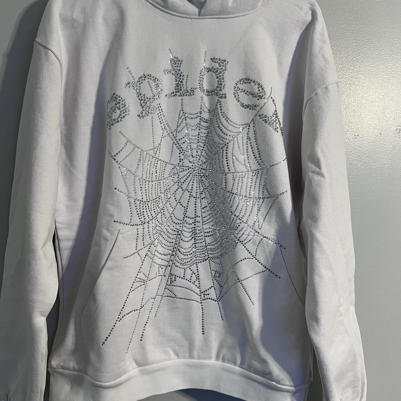 Brand new white rhinestone sp5der hoodie - Depop