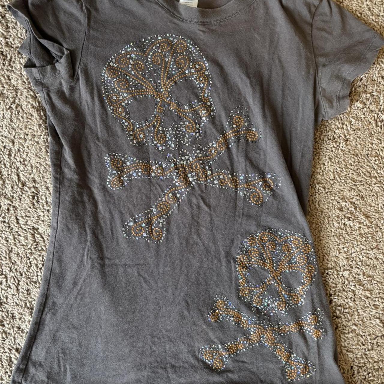 Grey and gold skull rhinestone shirt Size L in kids... | Depop