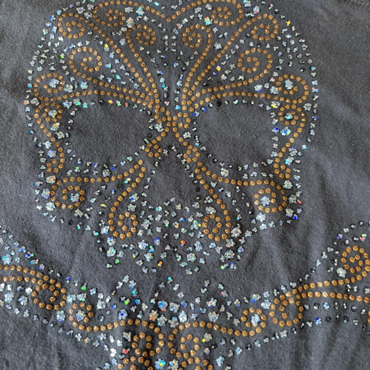 Grey and gold skull rhinestone shirt Size L in kids... | Depop