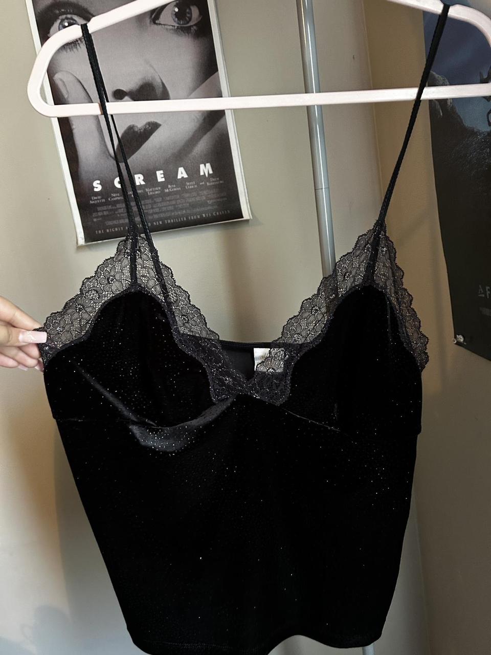90s black velvet lace top with adjustable straps and... - Depop