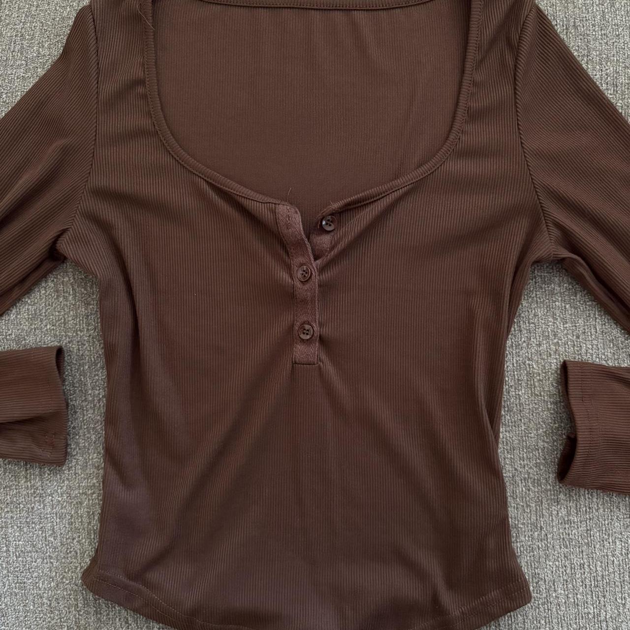 Brown henley button up top -size: l -form... | Depop