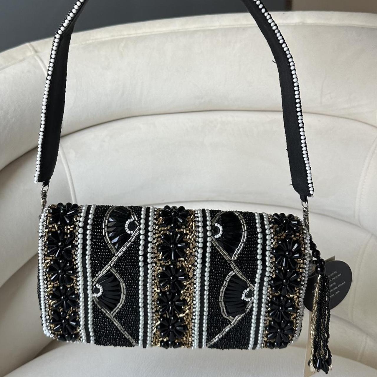 Black beaded shoulder bag with silver beads and... | Depop