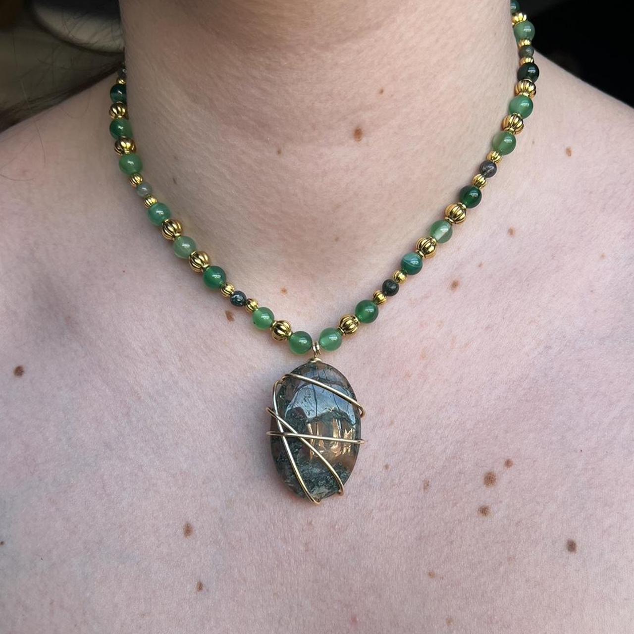 Moss Agate necklace, wire wrapped by myself, Indian... - Depop