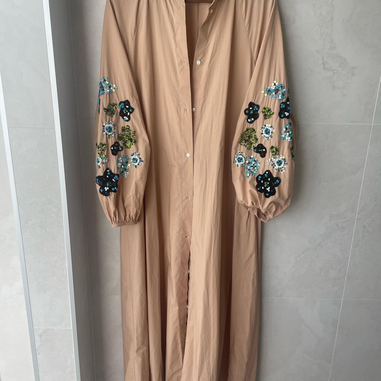 Tan maxi dress with embroidered sleeves and... | Depop